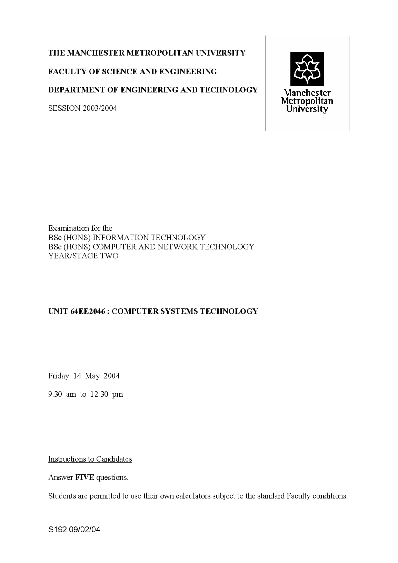 Computer Systems Technology 2003 2004 Exam Electrical Engineering