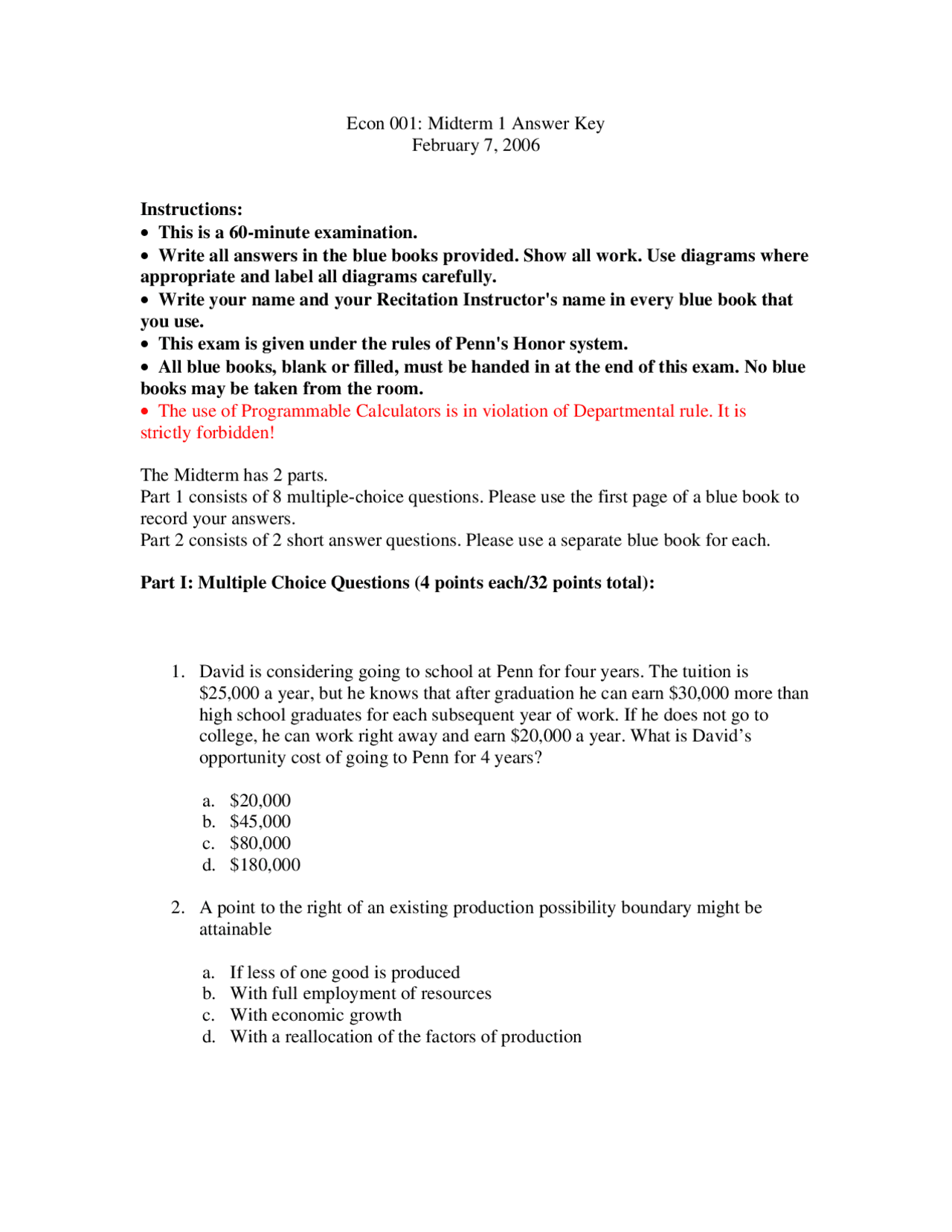 Introduction To Micro Economics Exam Spring 2006 1st Midterm