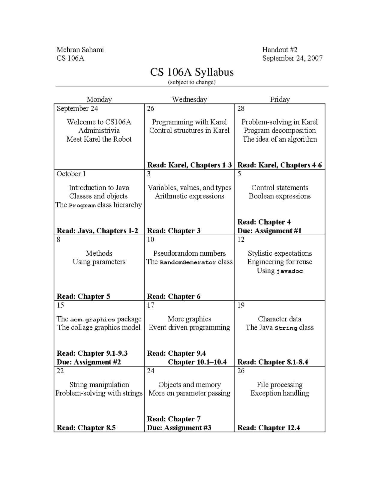 Syllabus - Section Handout - Programming Methodology- 2 - Docsity