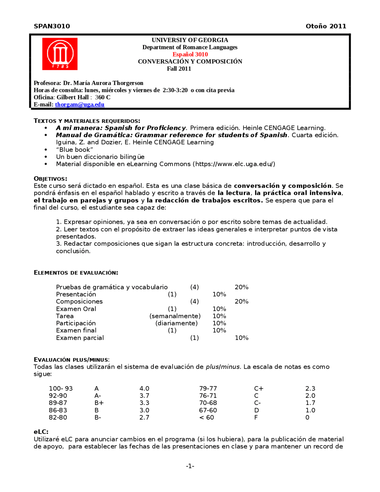 Plan de estudios del curso de español SPAN3010 en la Universidad de ...