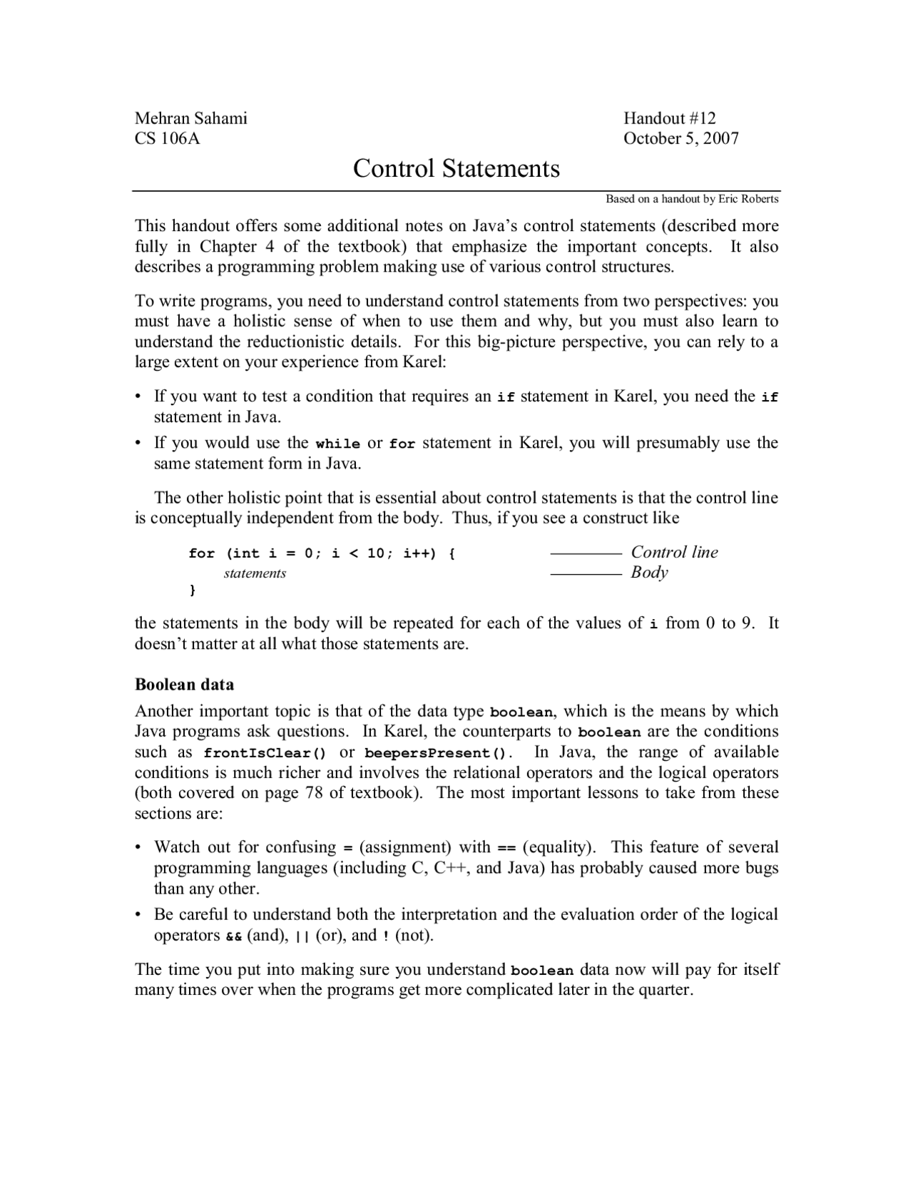 Control Statements Section Handout Programming Methodology 12