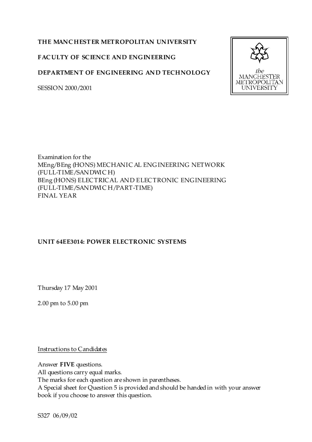 Power Electronic Systems 2000 2001 Exam Electrical Engineering Docsity