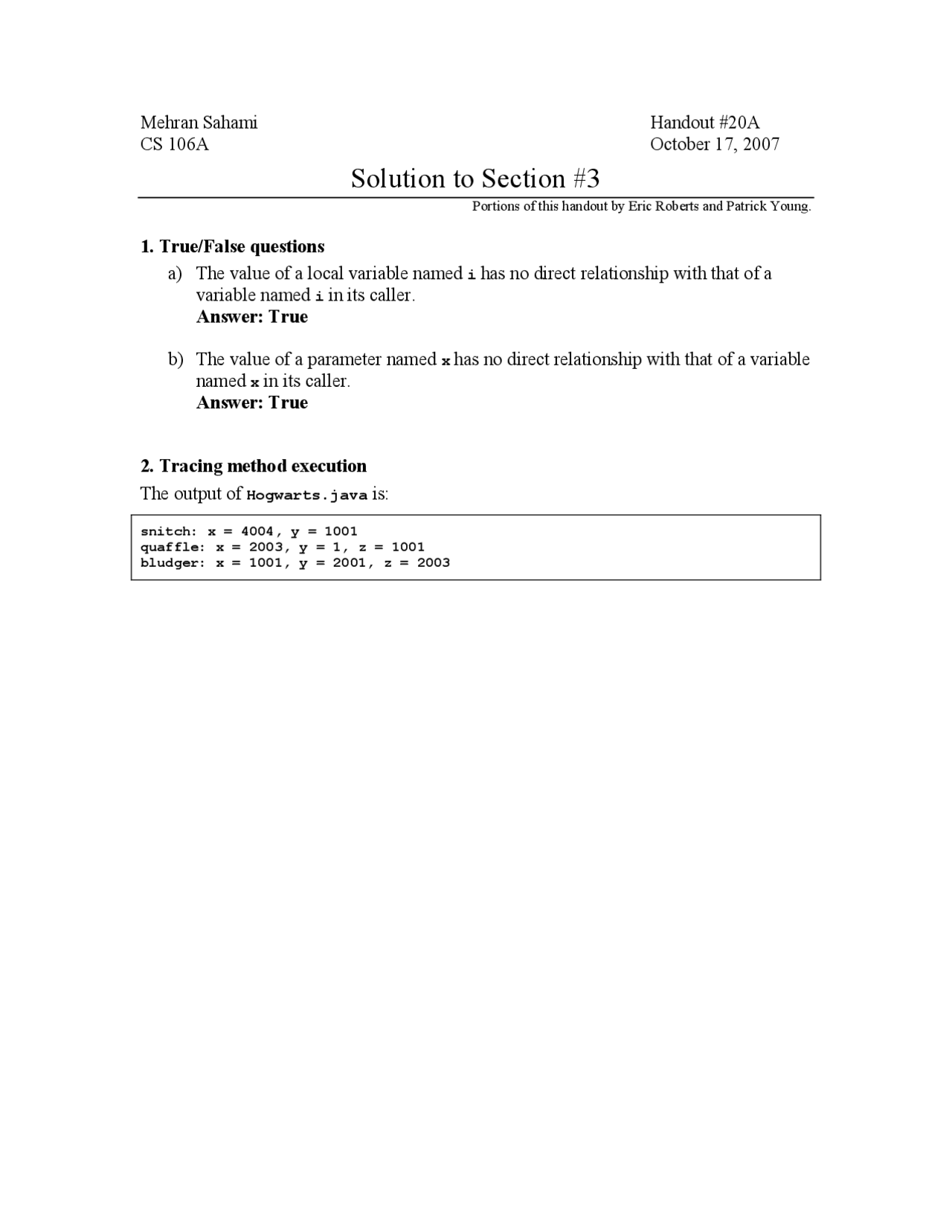 Solutions For Section 3 Section Handout Programming Methodology 20 Docsity