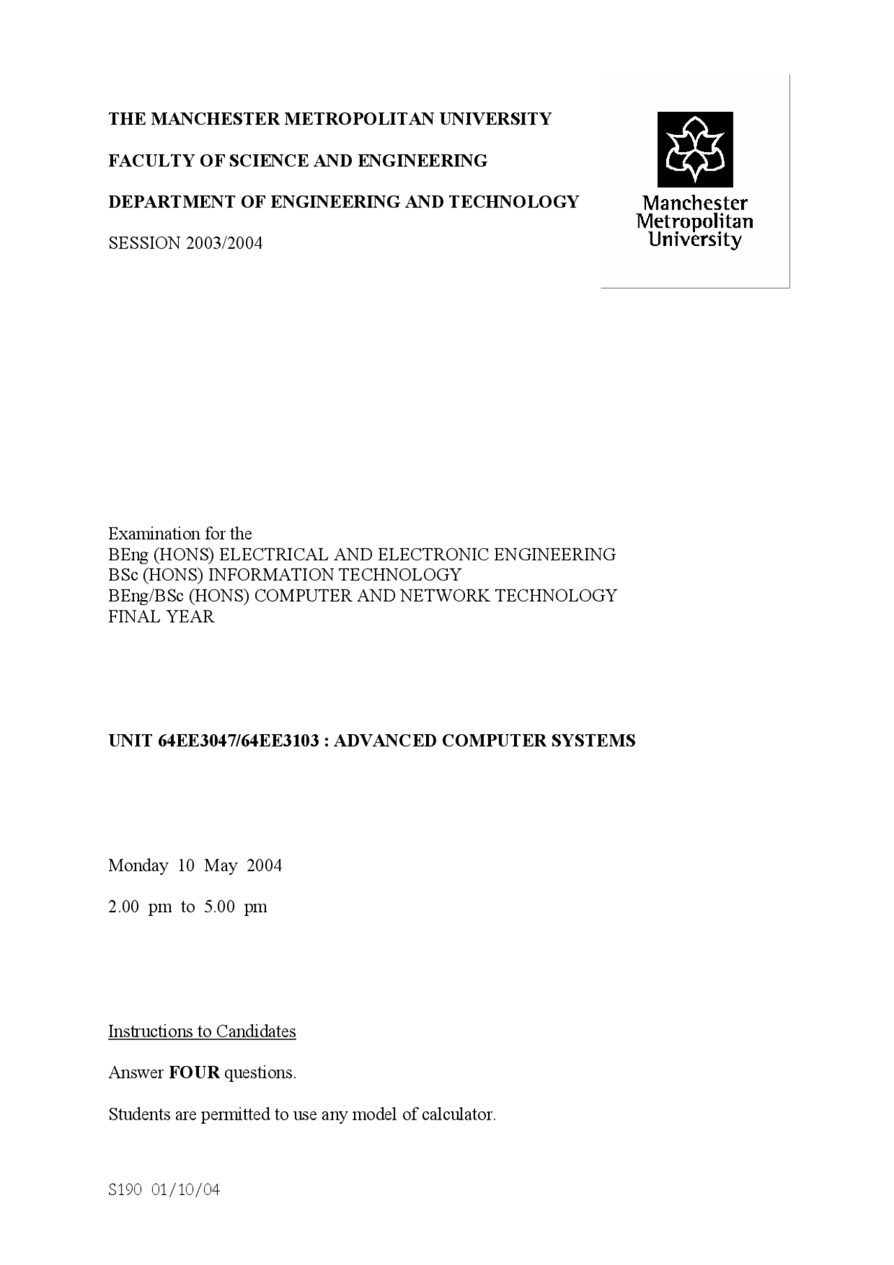 Advanced Computer Systems 2003 2004 Exam Electrical Engineering