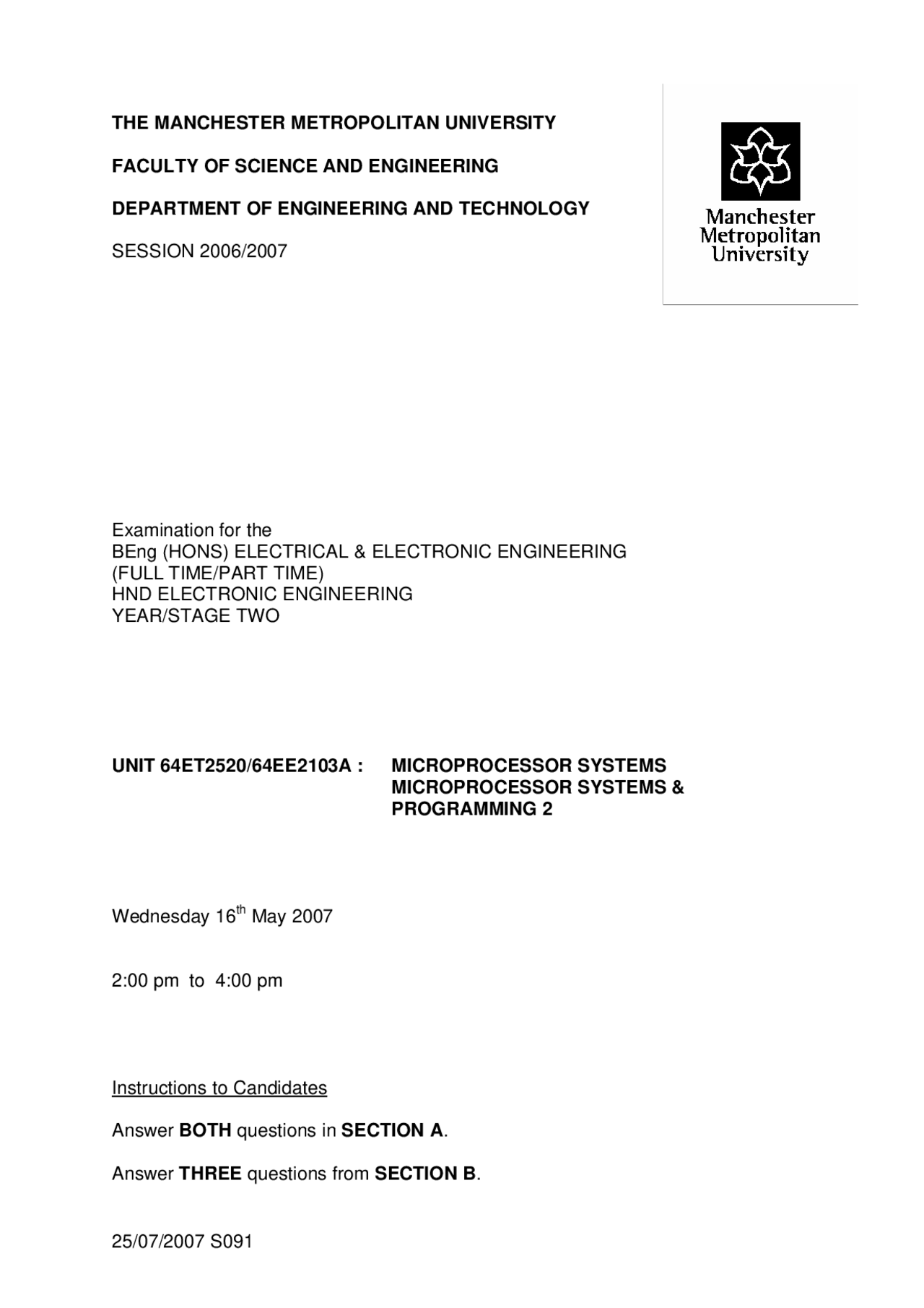 Microprocessor Systems 2006 2007 Exam Electrical Engineering Docsity