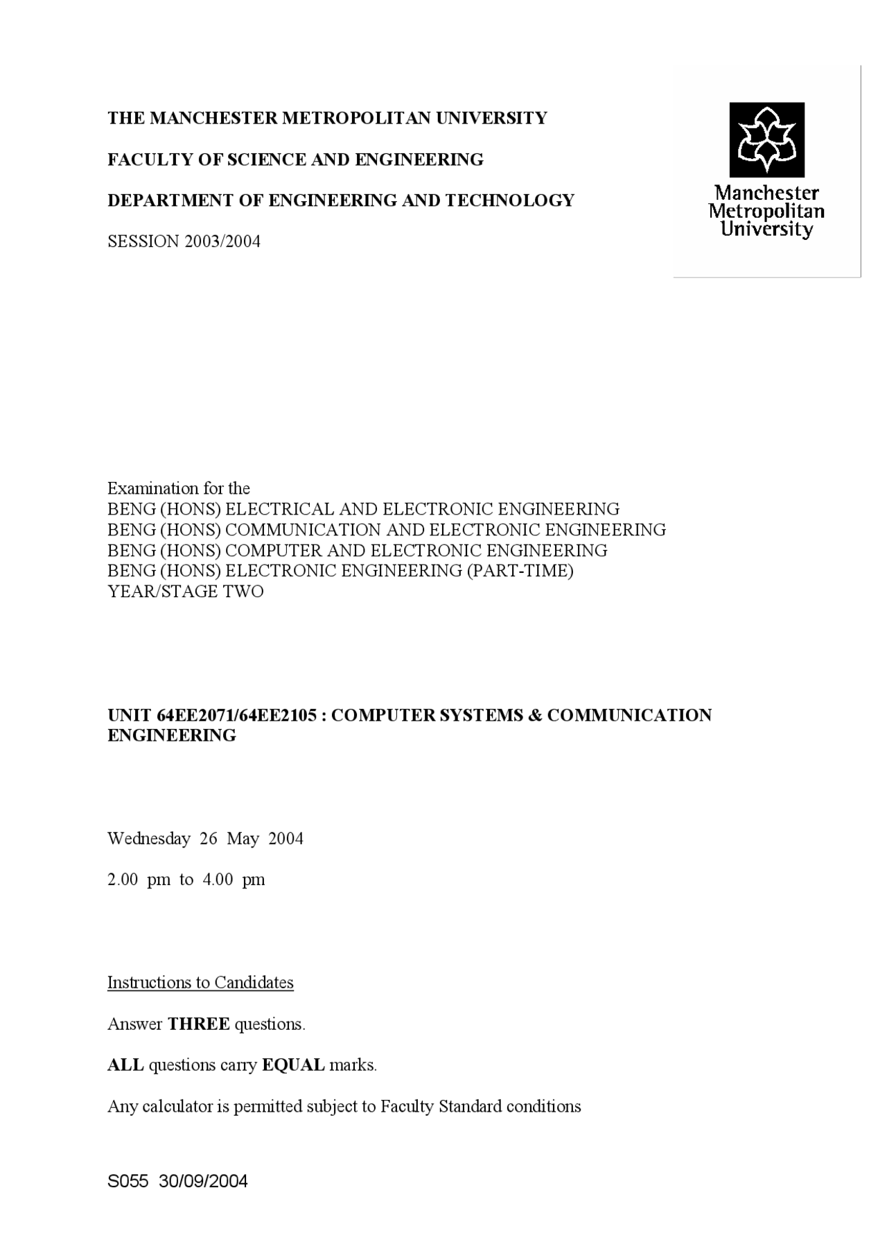 Communications Engineering - 2003 2004 Exam - Electrical Engineering - Docsity