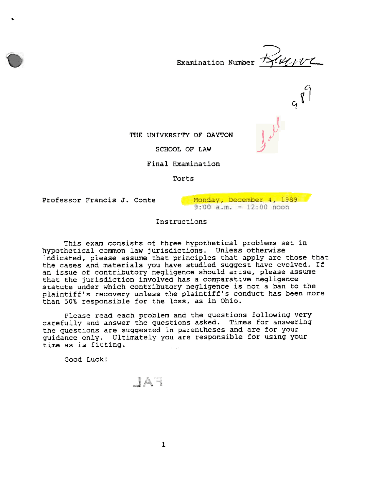 Torts 1 - Exam Fall 1989 - Law - Fran Conte - Docsity