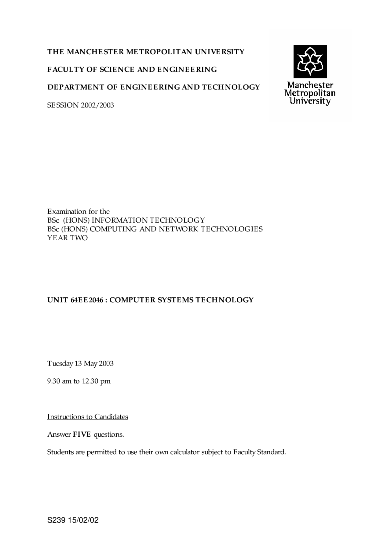 Computer Systems Technology - 2002 2003 Exam - Electrical Engineering ...