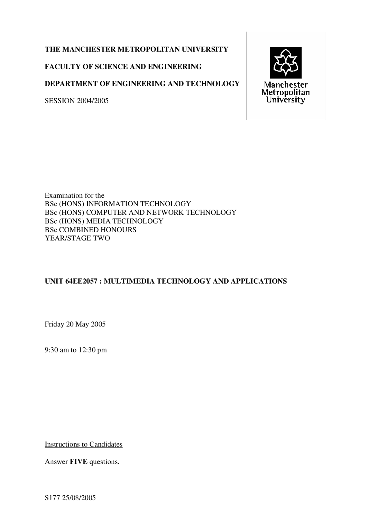 Multimedia Technology and Its Applications-2004 2005 Exam-Electrical Engineering | Exams ...