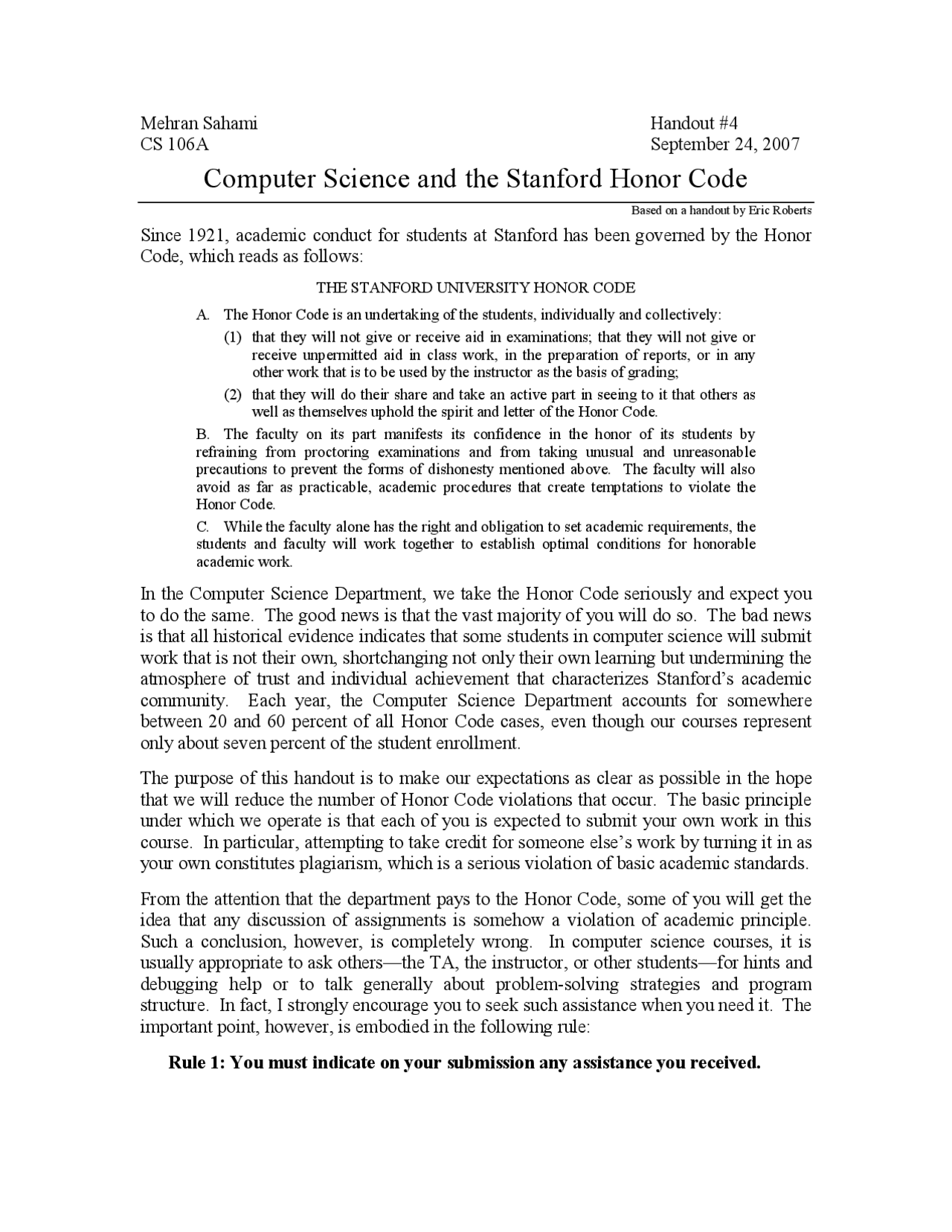Computer Science and the Stanford Honor Code - Section Handout - Programming Methodology- 4 ...