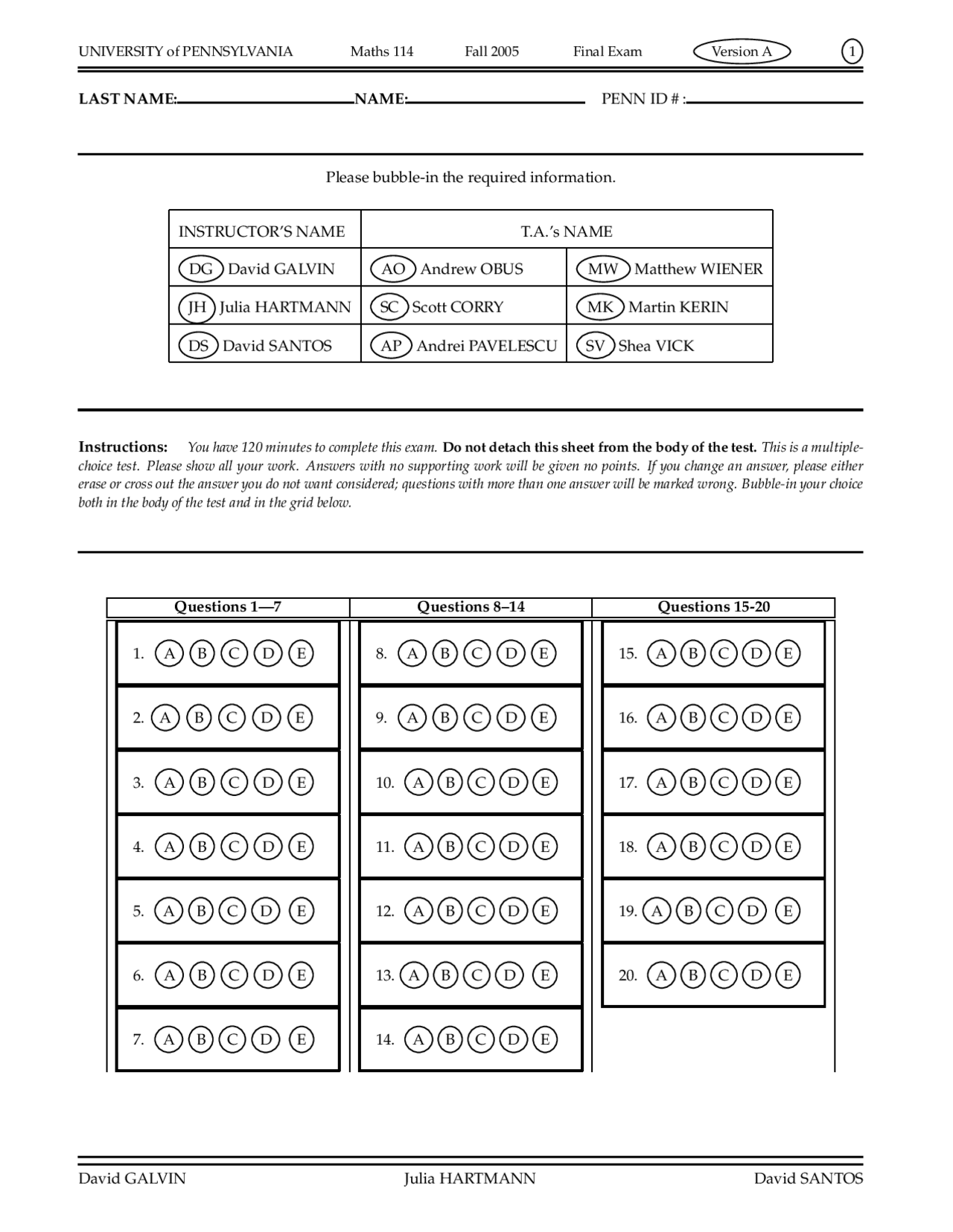 Calculus 2 Exam Fall 2005 Mathematics Docsity