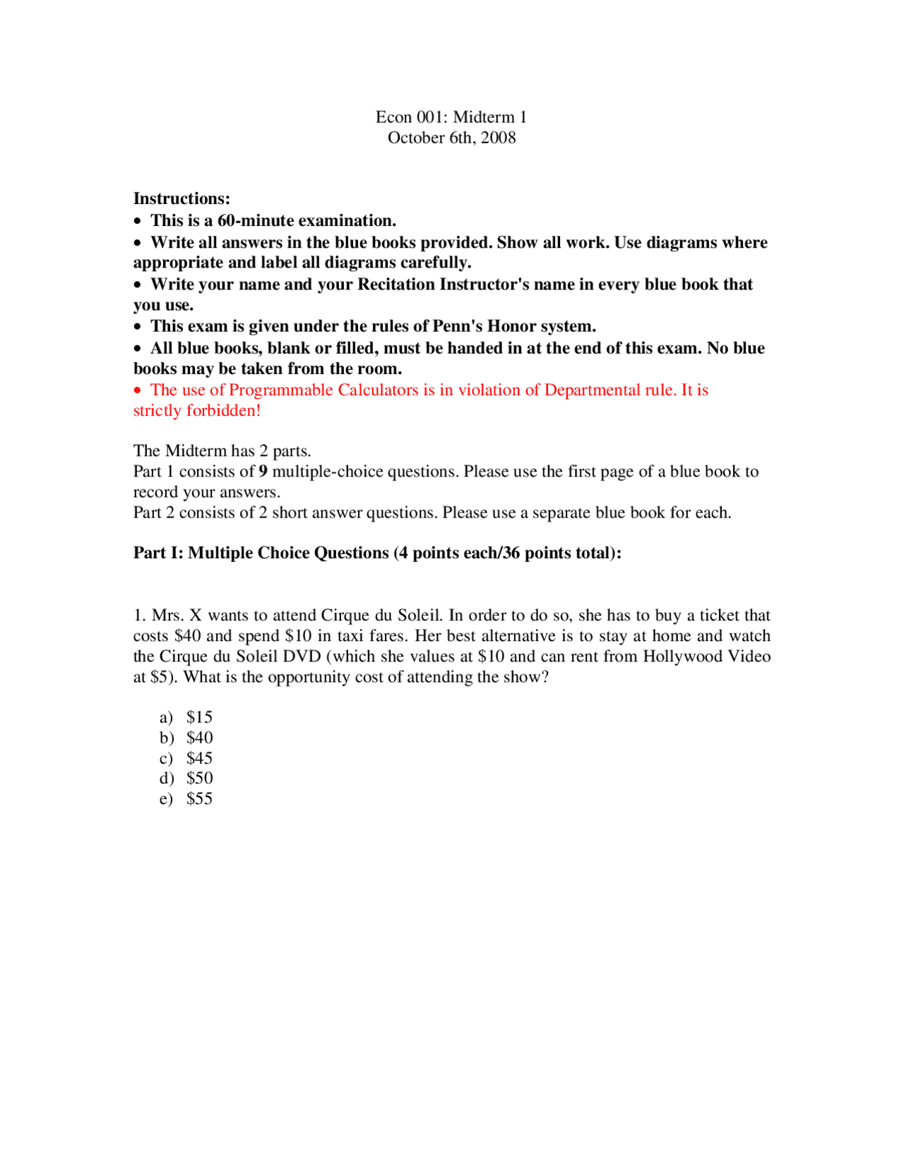 Introduction To Micro Economics Exam Fall 2008 1st Midterm