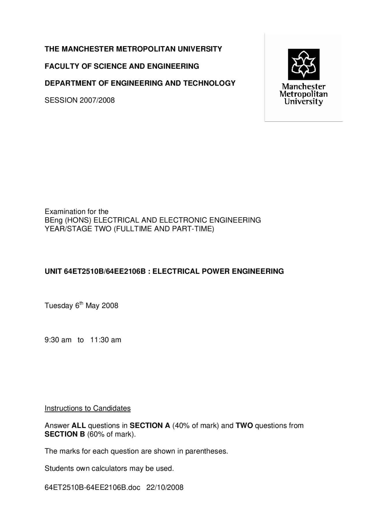 Electrical Power Engineering-2007 2008 Exam-Electrical Engineering - Docsity