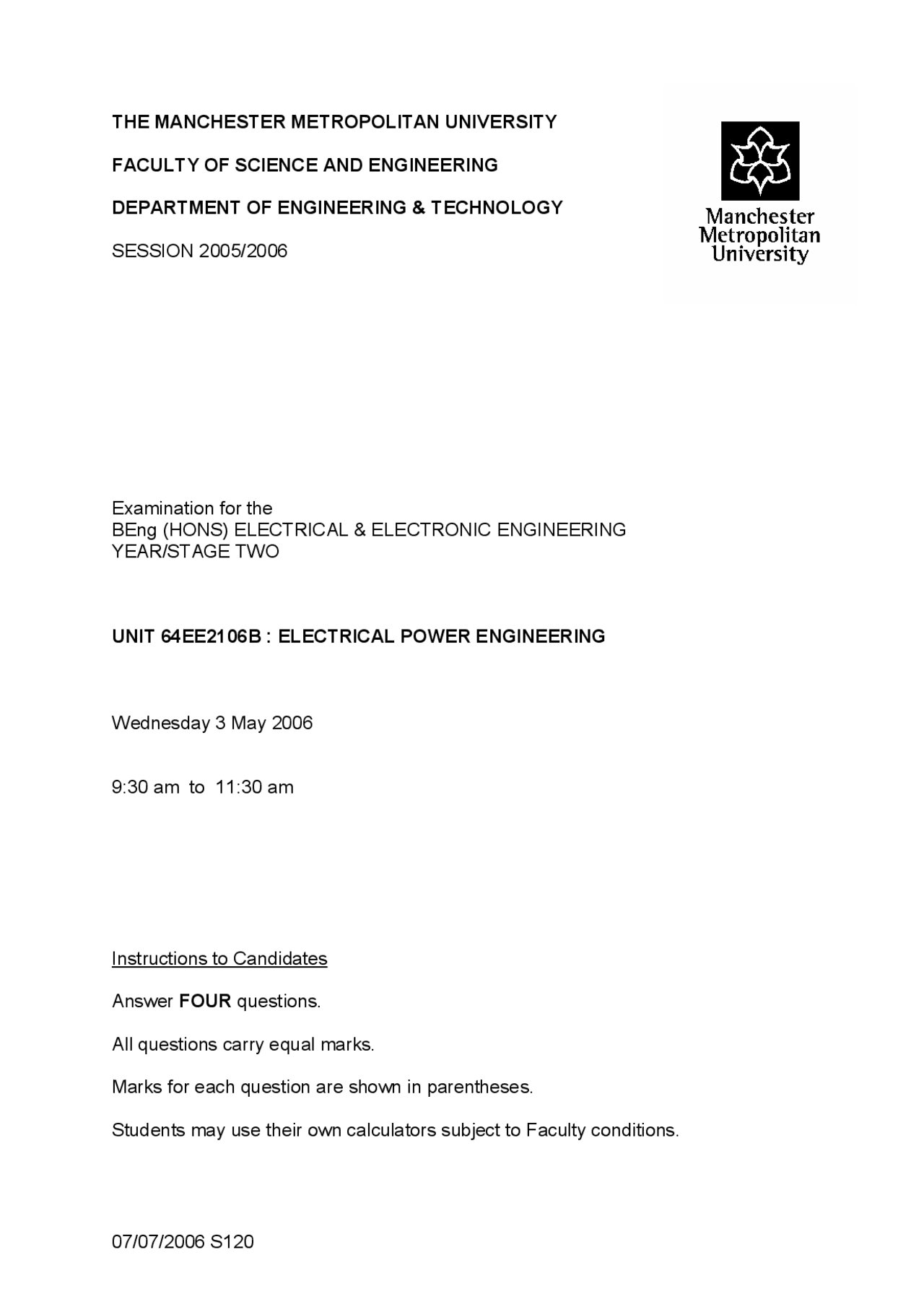 Electrical Power Engineering 2005 2006 Exam Electrical Engineering