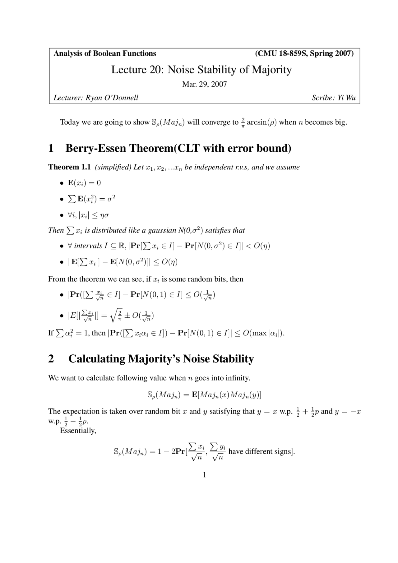 Noise Stability Of Majority, Lecture Slide - Computer Science - Docsity