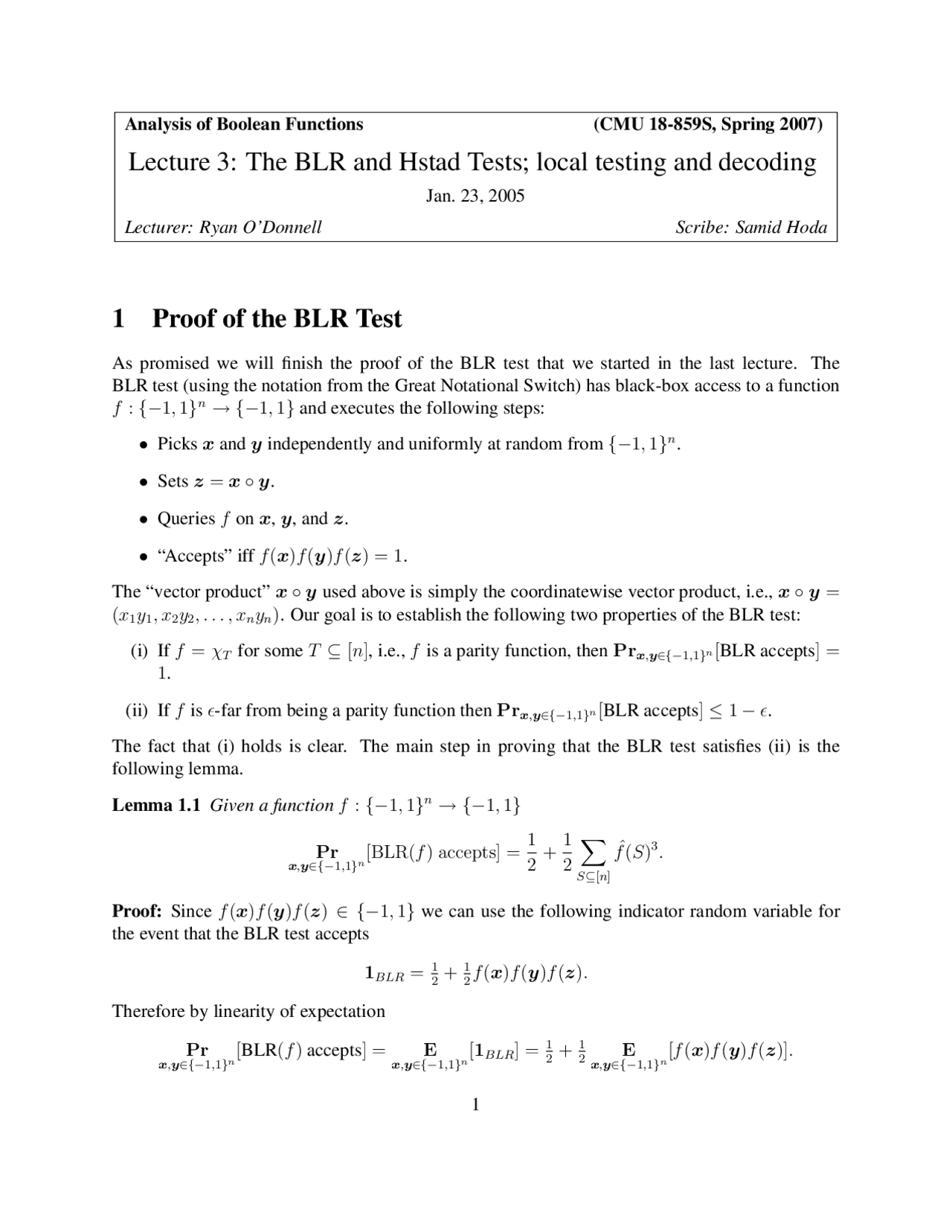 The BLR And Hstad Tests Local Testing And Decoding, Lecture Slide ...