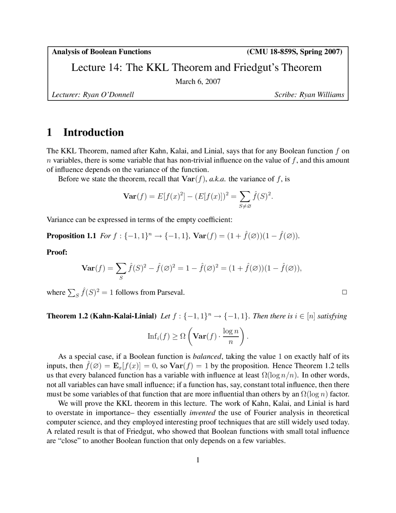The KKL Theorem And Fridgut's Theorem, Lecture Slide - Computer Science - Docsity