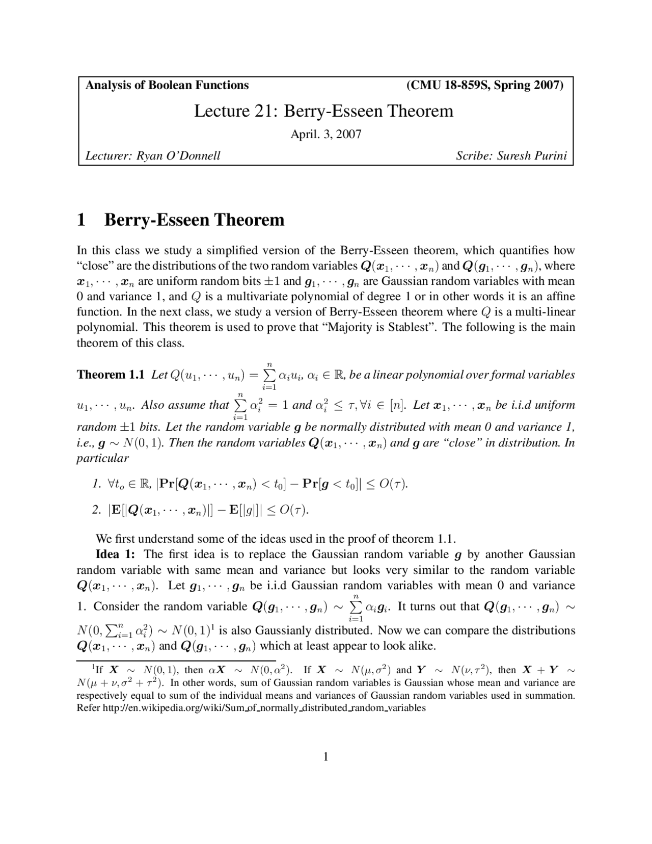 Berry-Esseen Theorem, Lecture Slide - Computer Science - Docsity
