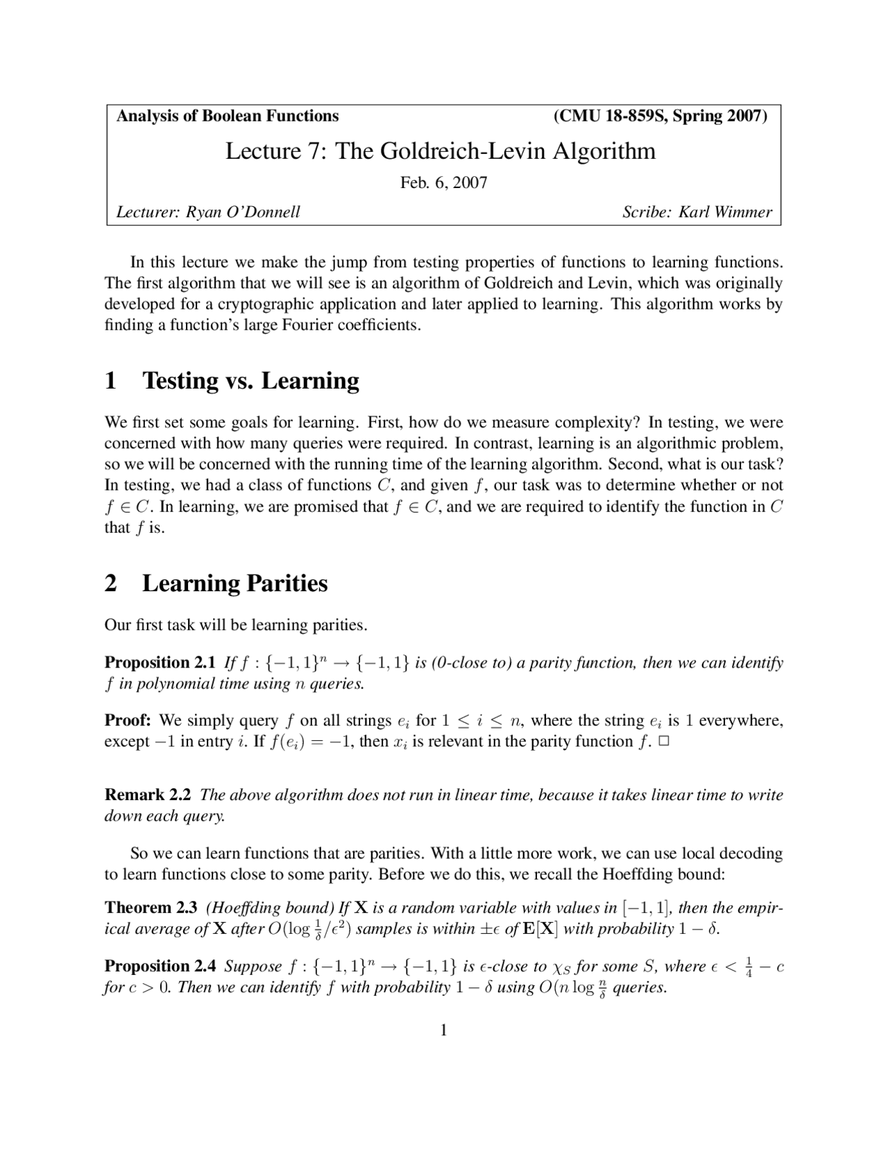 The Goldreich-Levin Algorithm, Lecture Slide - Computer Science - Docsity