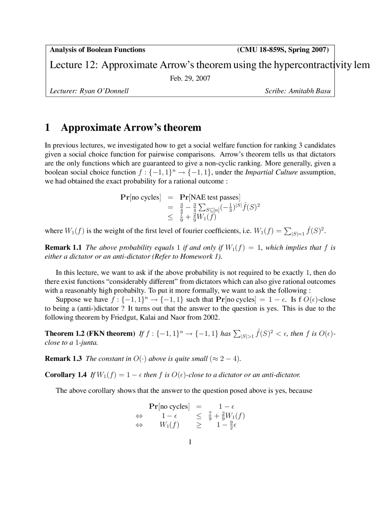 Approximate Arrow's Theorem Using The Hypercotractivity Lem - Docsity
