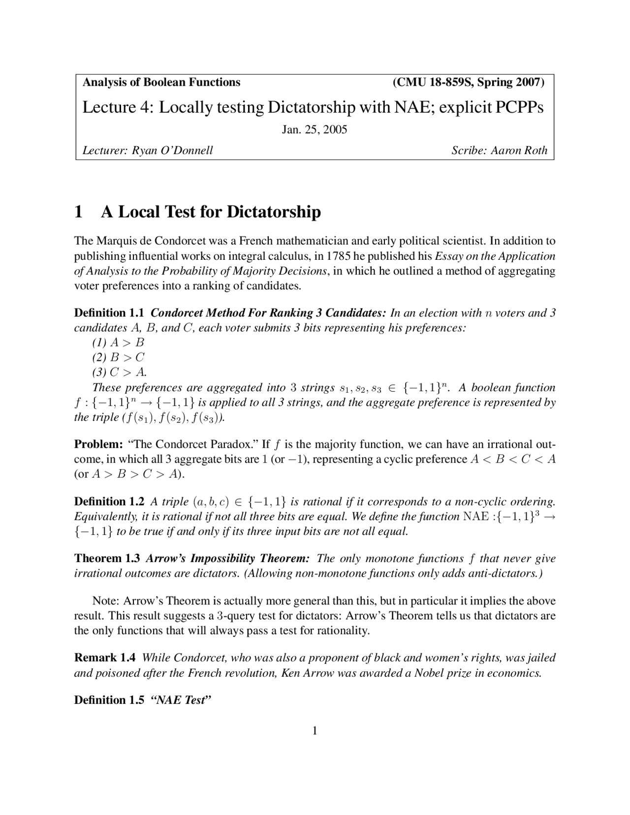 Locally Testing Dictatorship With Nae Lecture Slide Computer Science Docsity