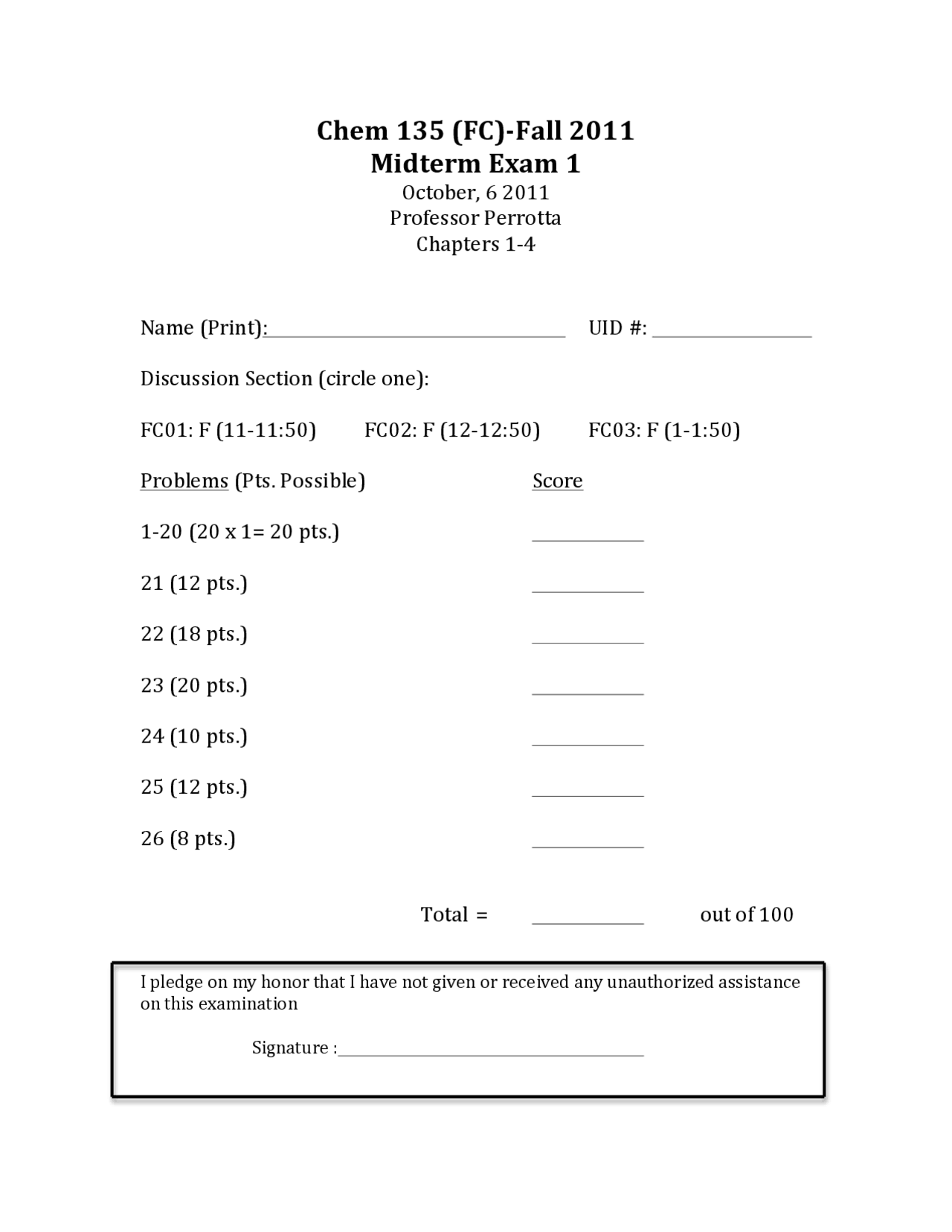 Midterm Exam 1 - General Chemistry for Engineering | CHEM 135 - Docsity