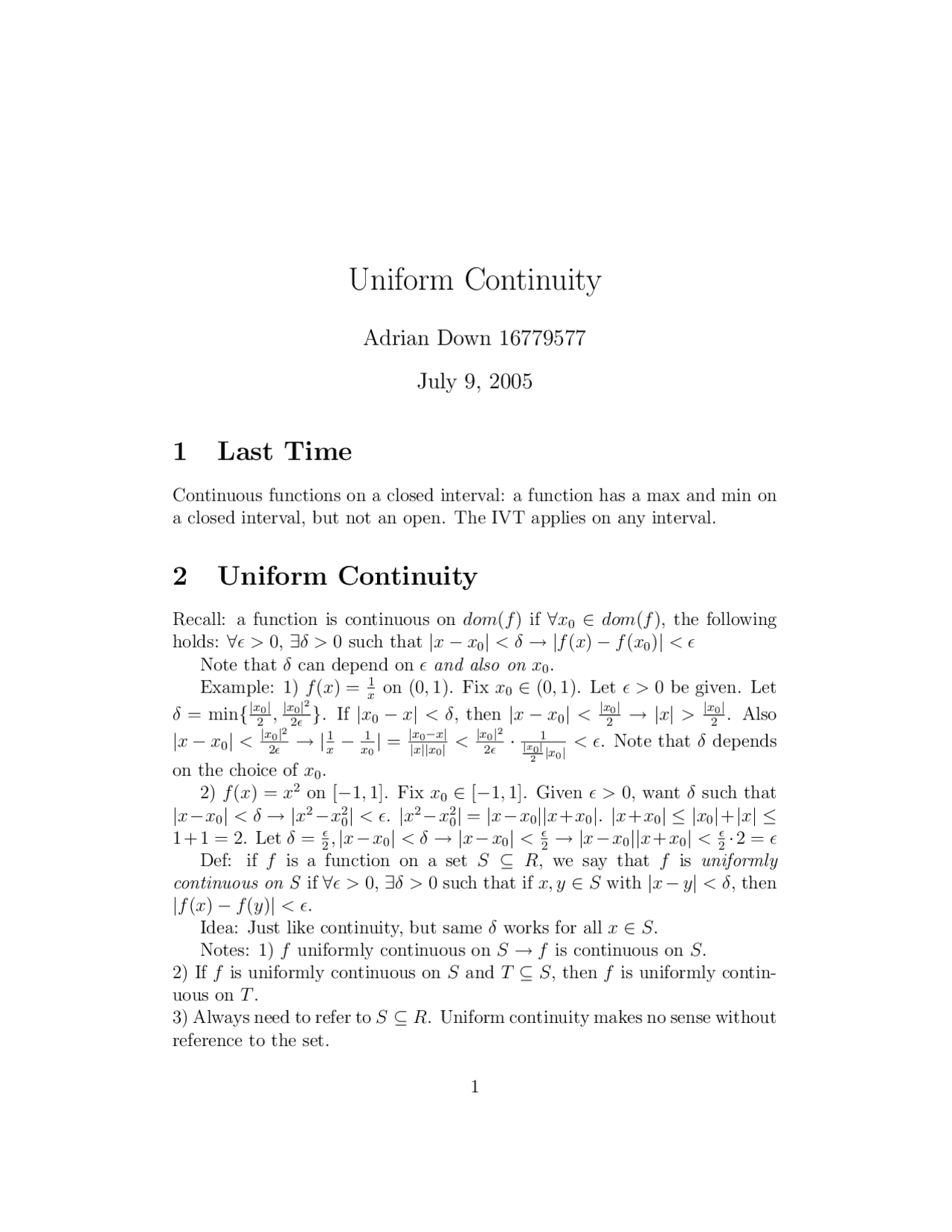Uniform Continuity Lecture Notes Mathematics Docsity