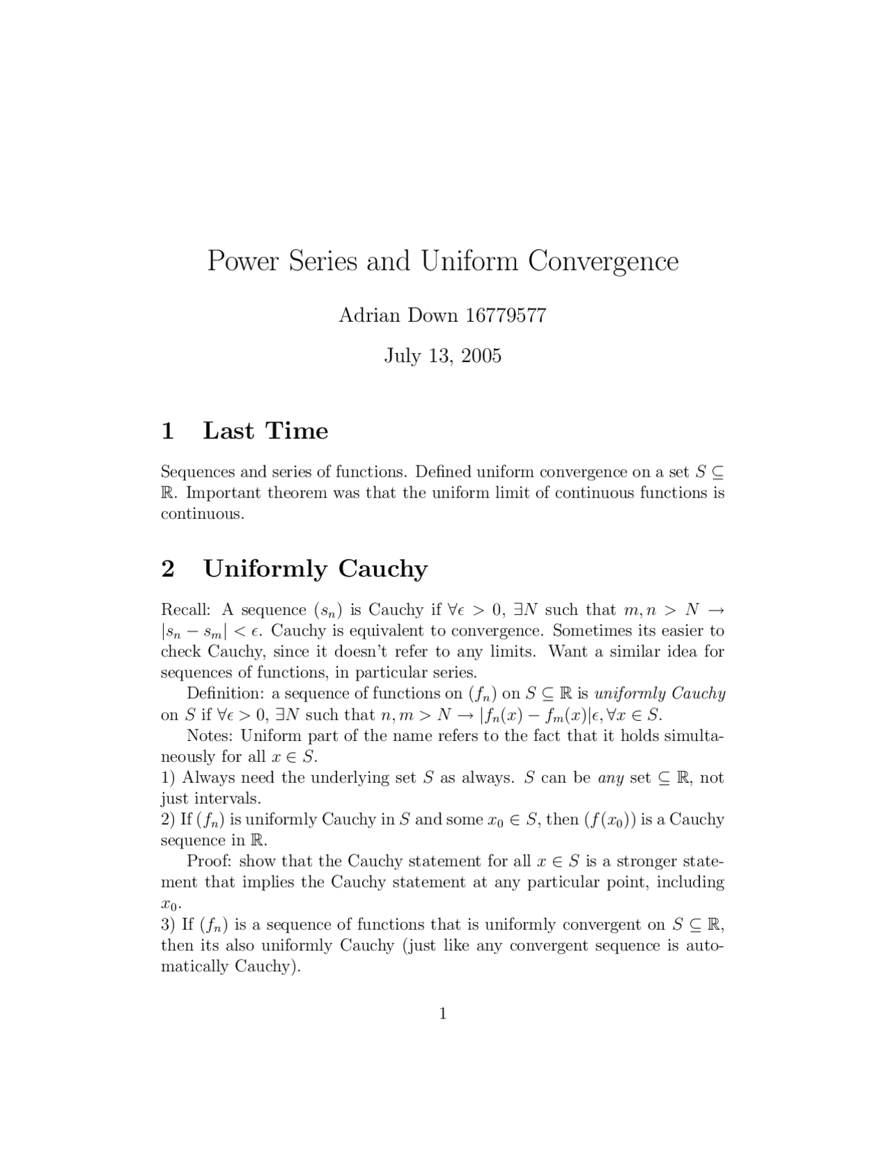 Uniform Series And Power Convergence Lecture Notes Mathematics Docsity