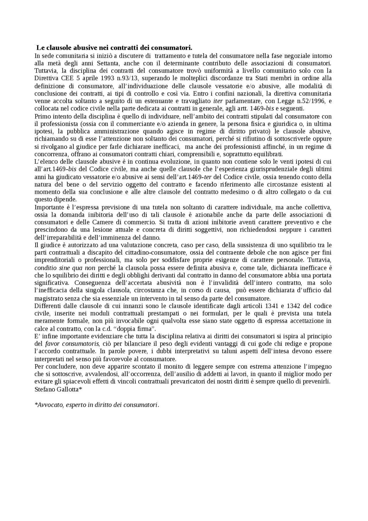 Clausole Abusive Nei Contratti Dei Consumatori Riassunto Diritto