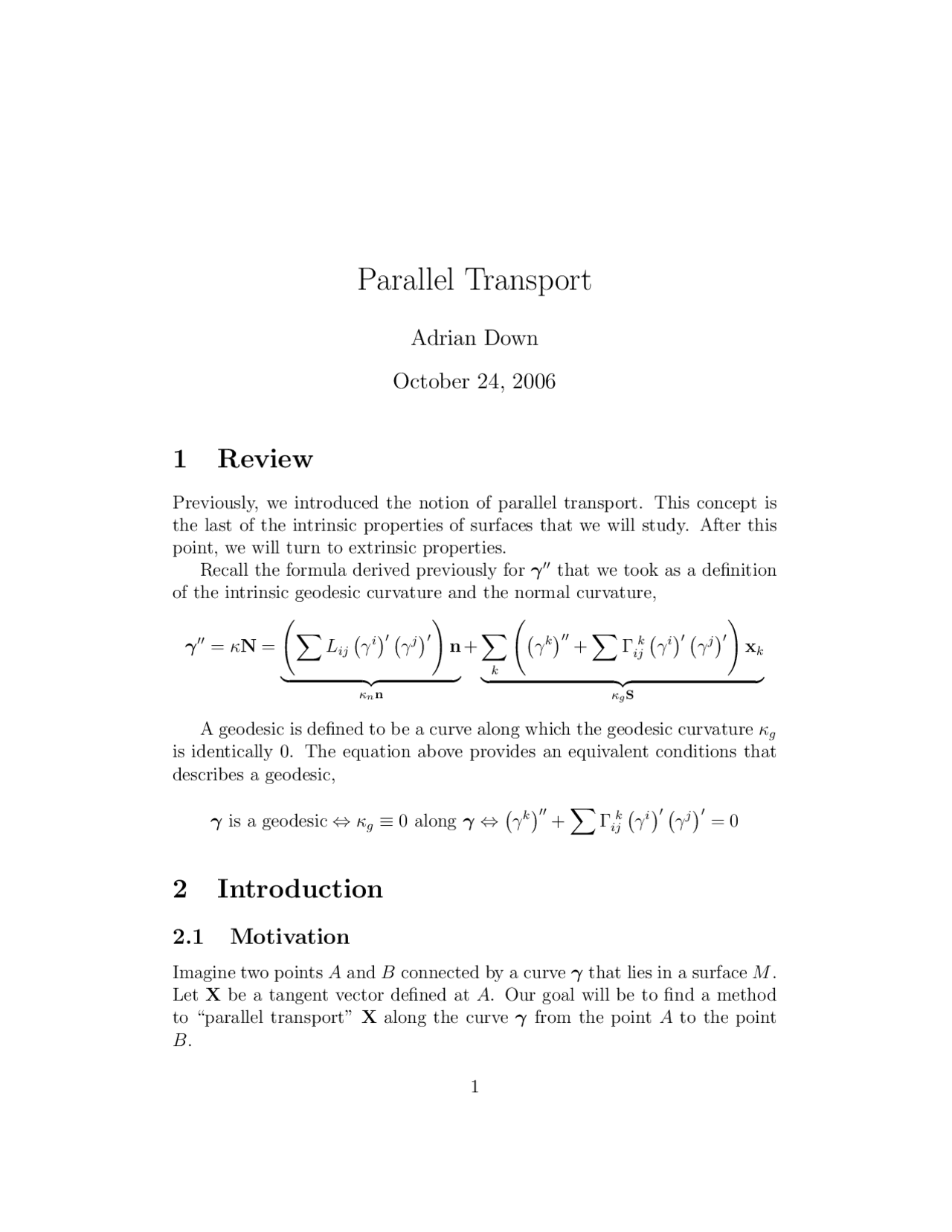 Parallel Transport, Lecture Notes - Mathematics - Docsity