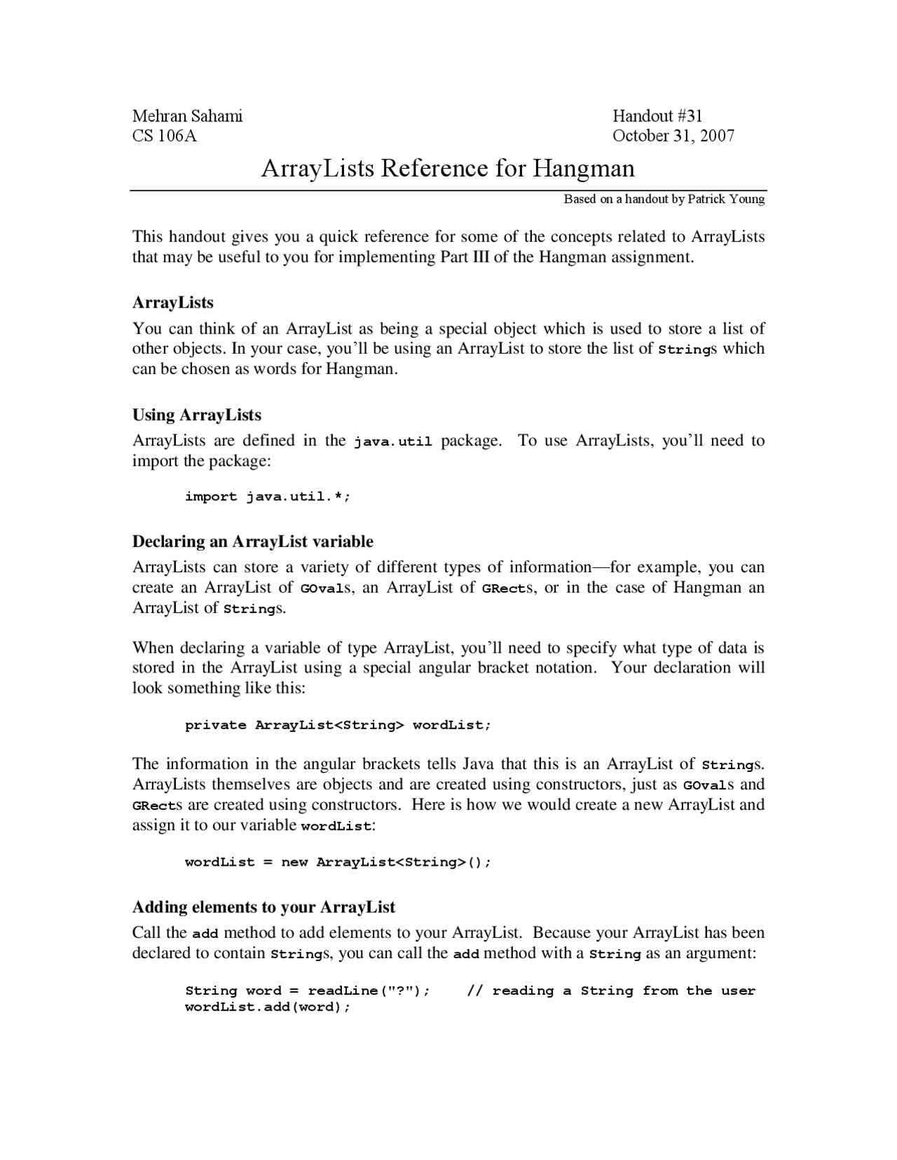Arraylists Reference For Hangman Section Handout Programming Methodology 31 Docsity