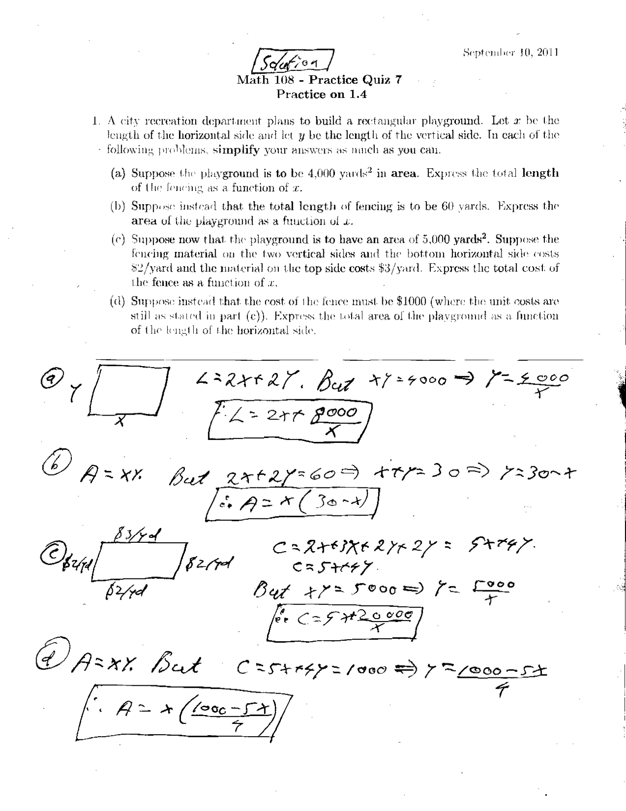 Solution To Practice Quiz 7 Calculus With Business Applications