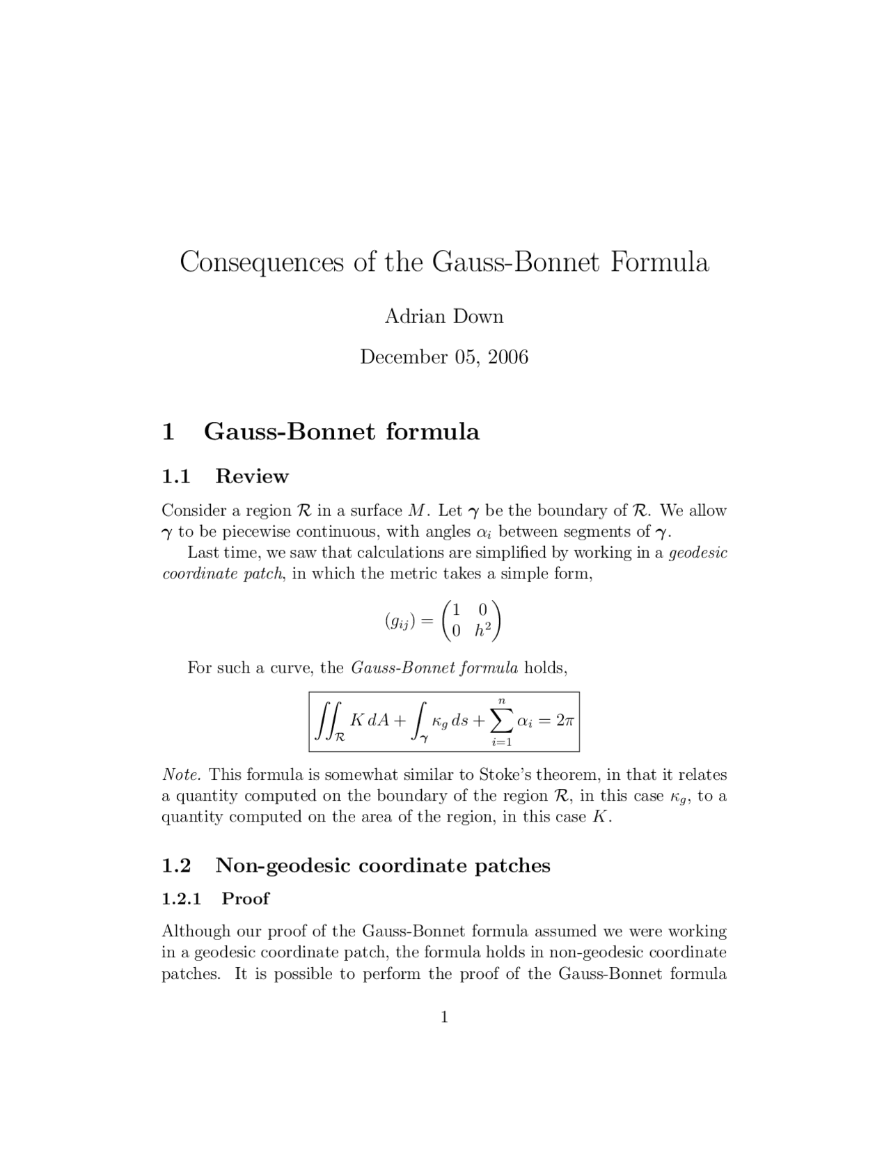 Consequences of Gauss-Bonnet Formula, Lecture Notes - Mathematics - Docsity