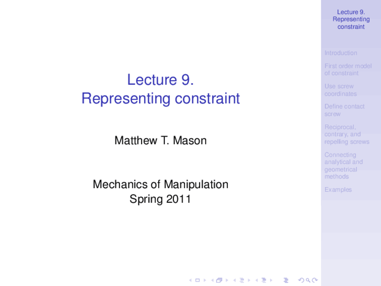 Representation Kinematic Constraint, Lecture Slide - Robotics - Docsity