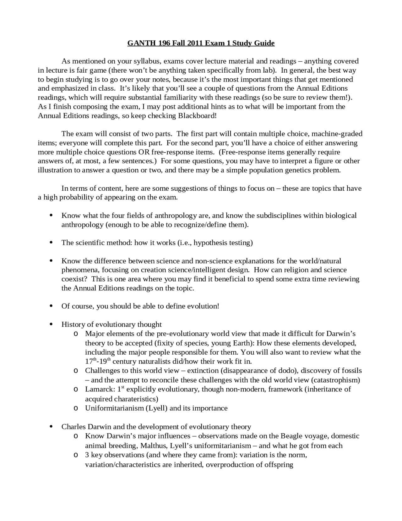 Exam 1 Study Guide - Biological Anthropology | GANTH 196 | Exams ...