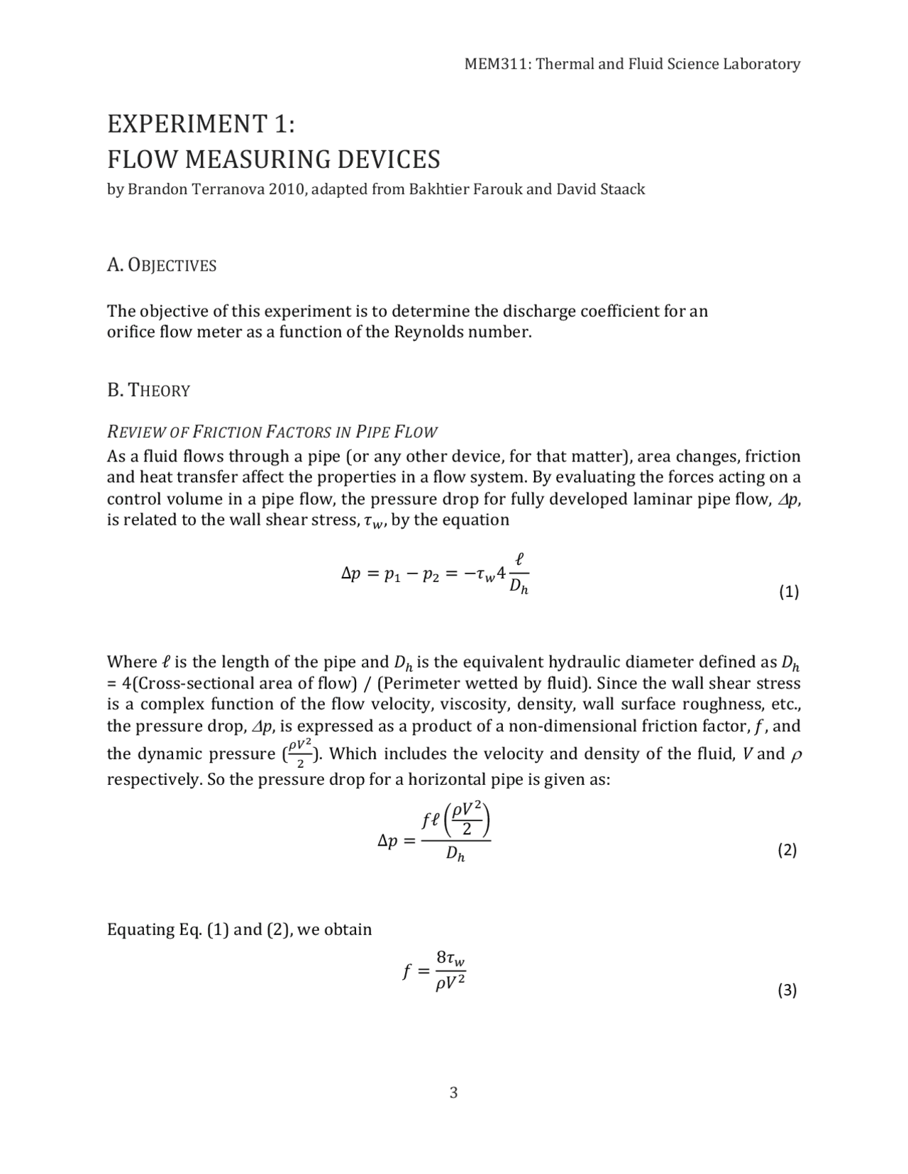 Flow Measuring Devices - Thermal Fluid Science Laboratory - Experiment ...