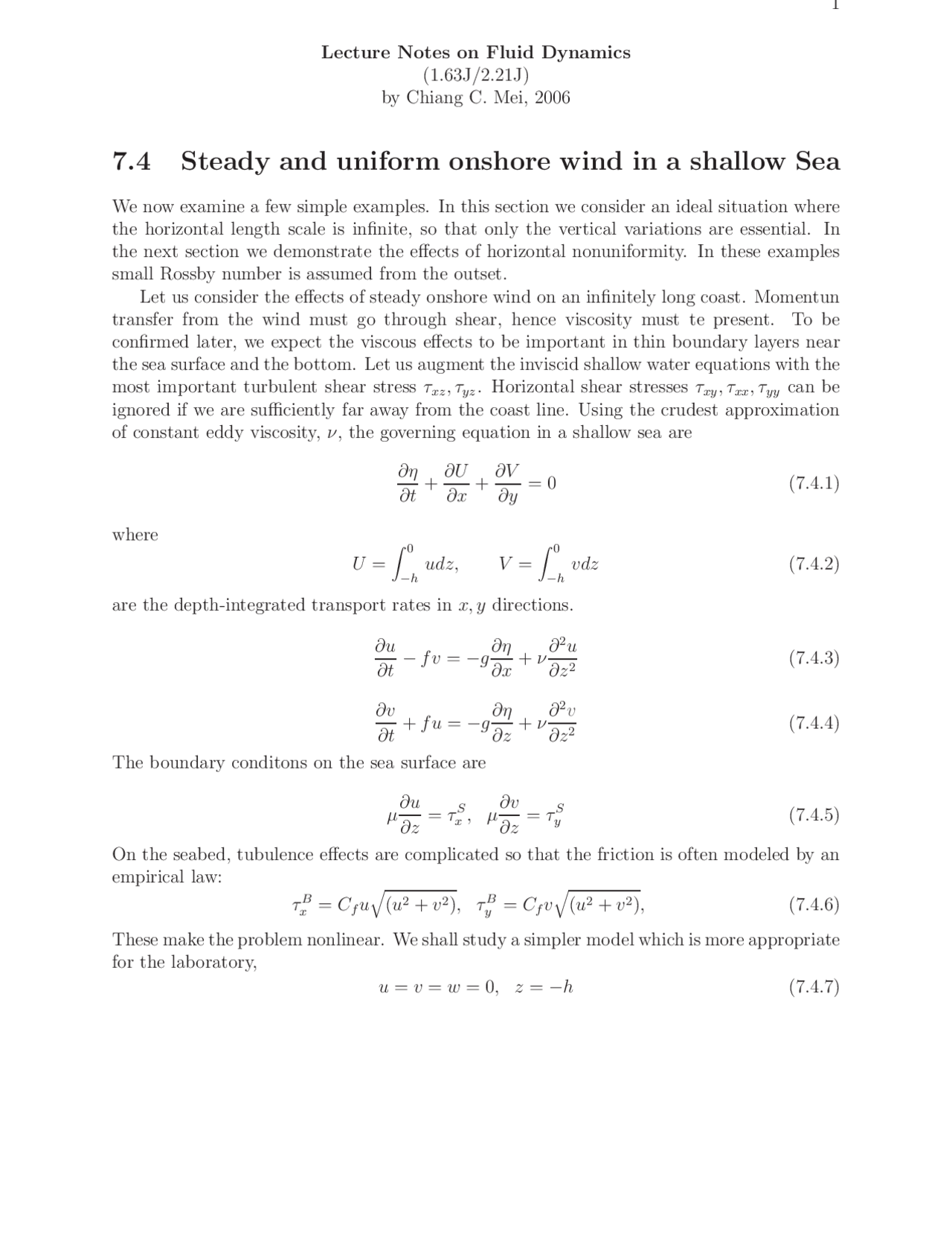 Steady Onhore Wind In A Shallow Sea Lecture Notes Fluid Dynamics Docsity
