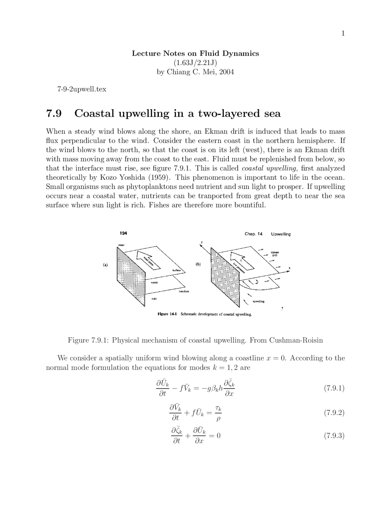 Coastal Upwelling In A Two Layered Sea Lecture Notes Fluid Dynamics