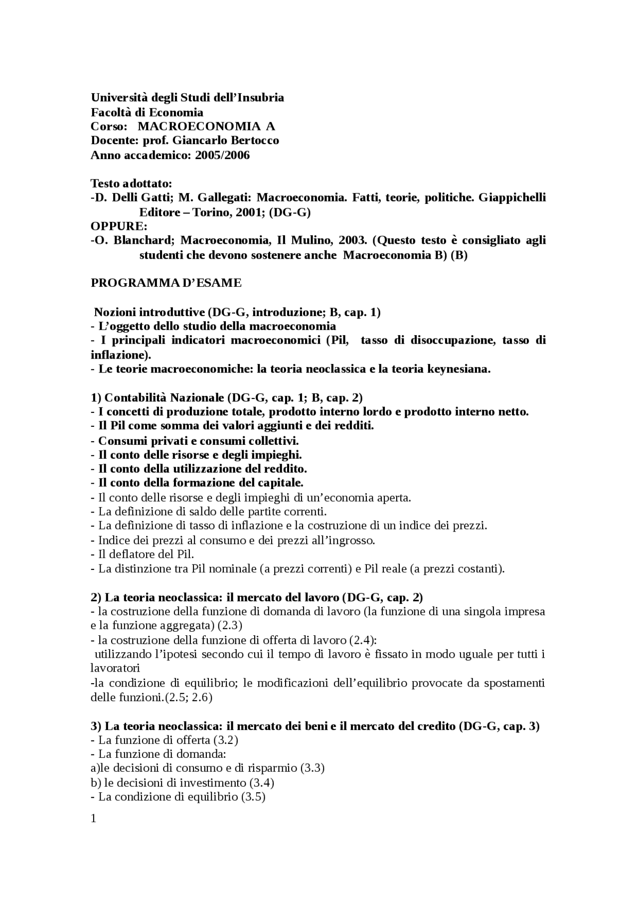 Programma d'esame - Macroeconomia - prof. Bertocco - a.a 2005/2006 | Prove d'esame di ...