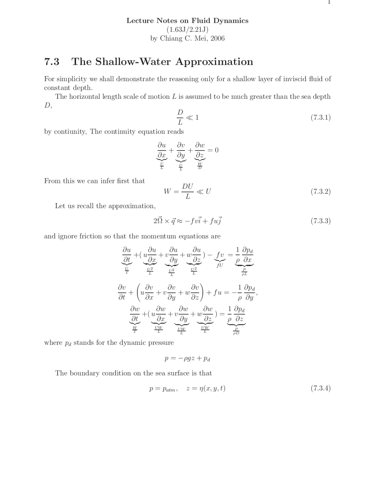 The Shallow Water Approximation Lecture Notes Fluid Dynamics Docsity