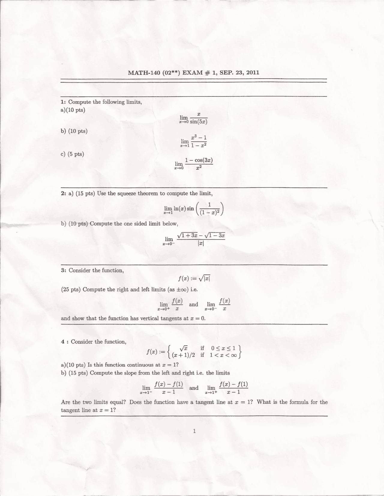 4 Questions from Calculus I - Exam 1 | MATH 140 - Docsity