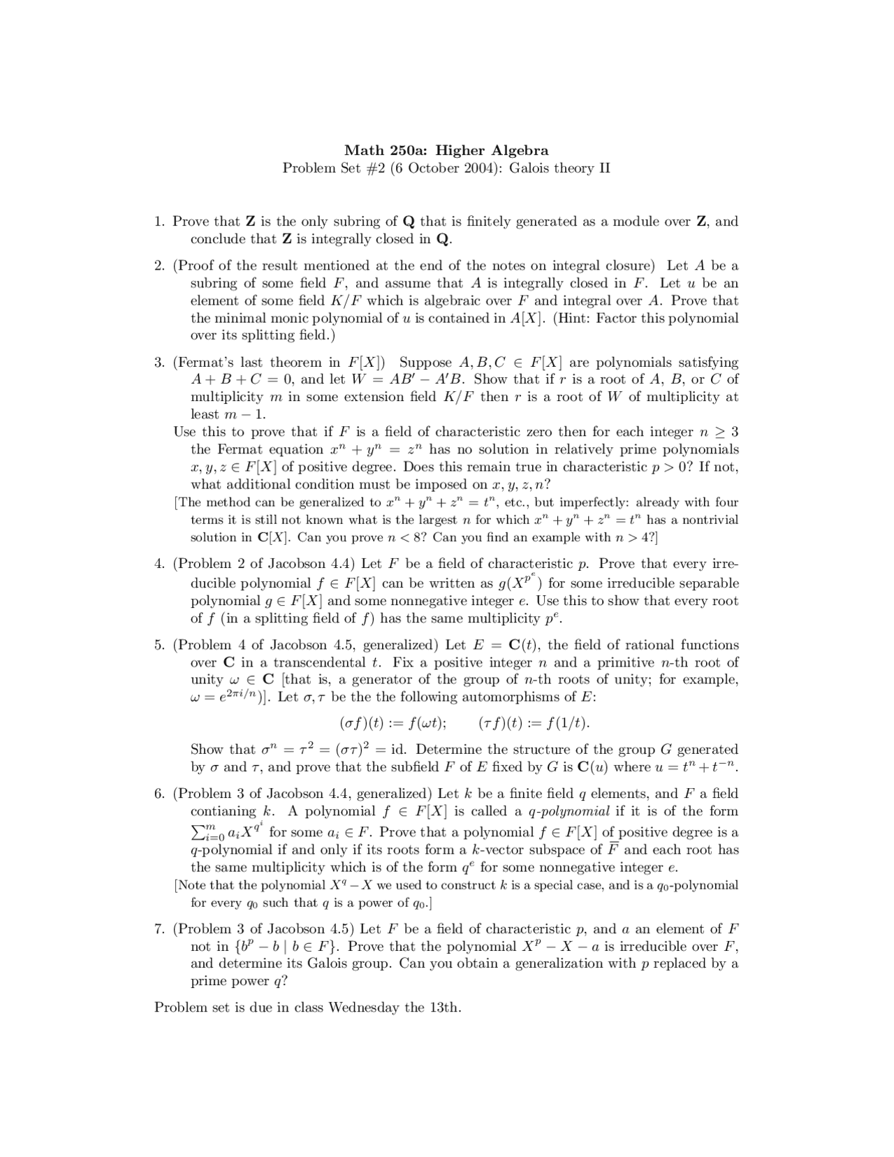 Higher Algebra 2, Exercises - Mathematics | Exercises Algebra - Docsity