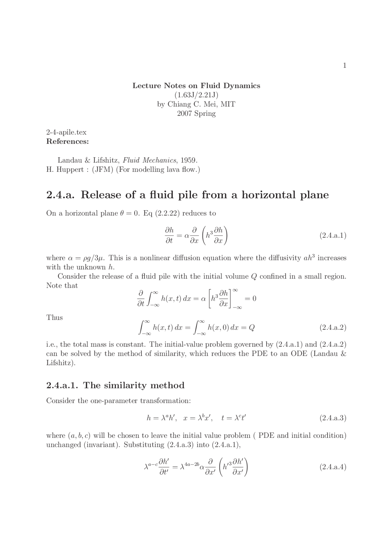 Spreading Of A Shallow Mass On An Incline Lecture Notes Fluid