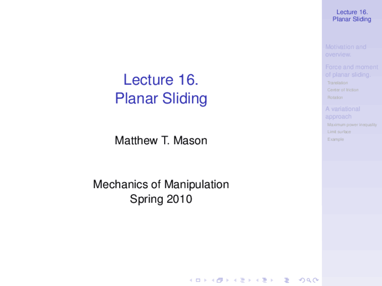 Planar Sliding Lecture Slide Robotics Docsity