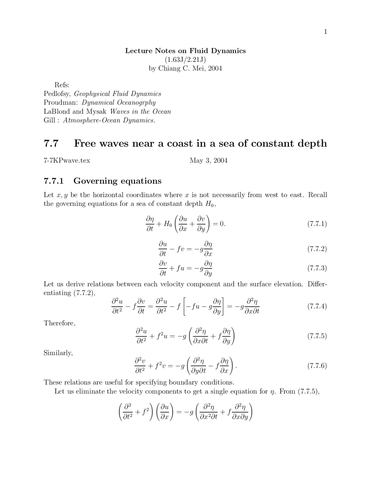 Free Waves Near A Coast In A Sea Constant Depth Lecture Notes Fluid