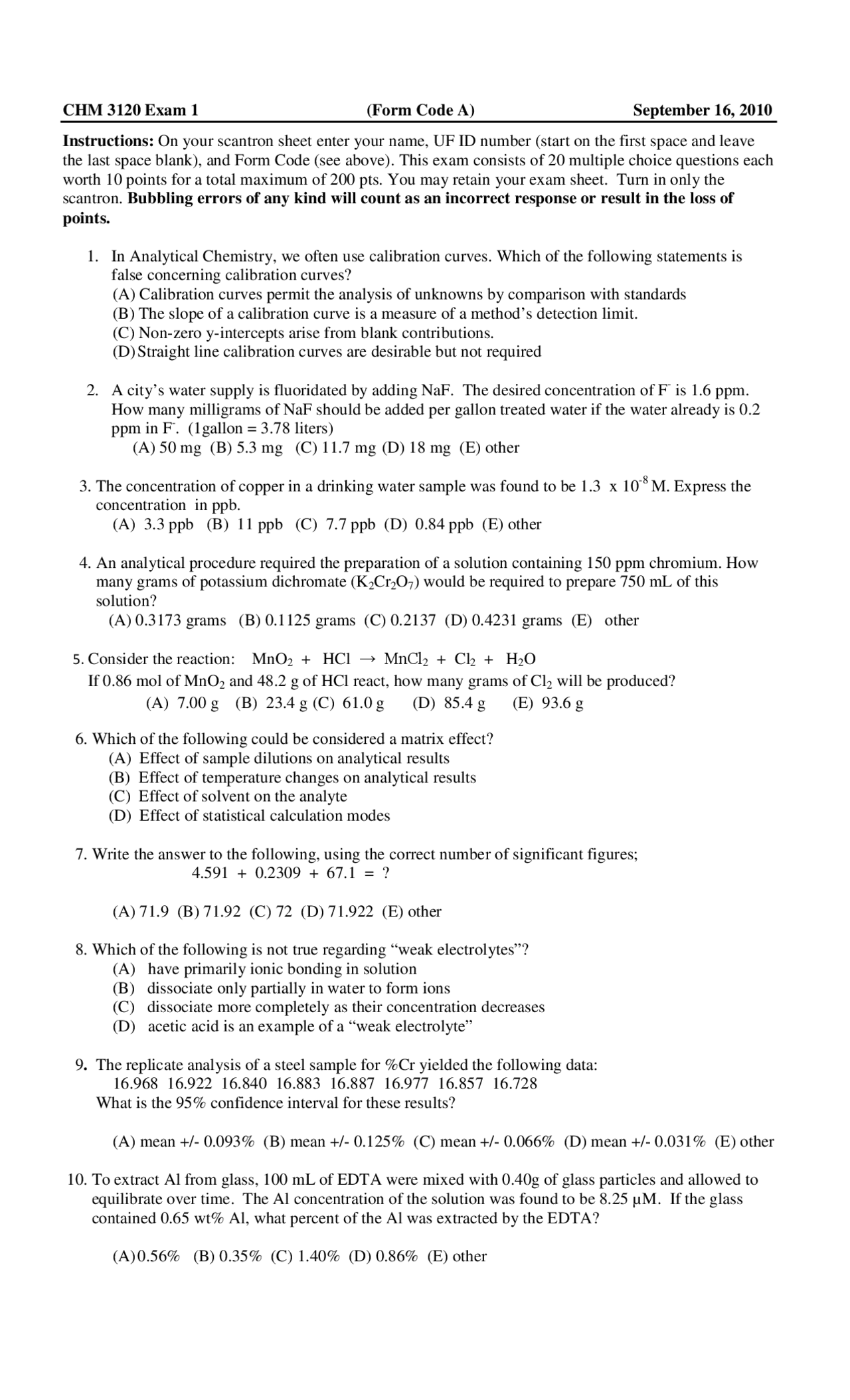 Practice Exam 1 For Introduction To Analytic Chemistry Chm 3120 Docsity