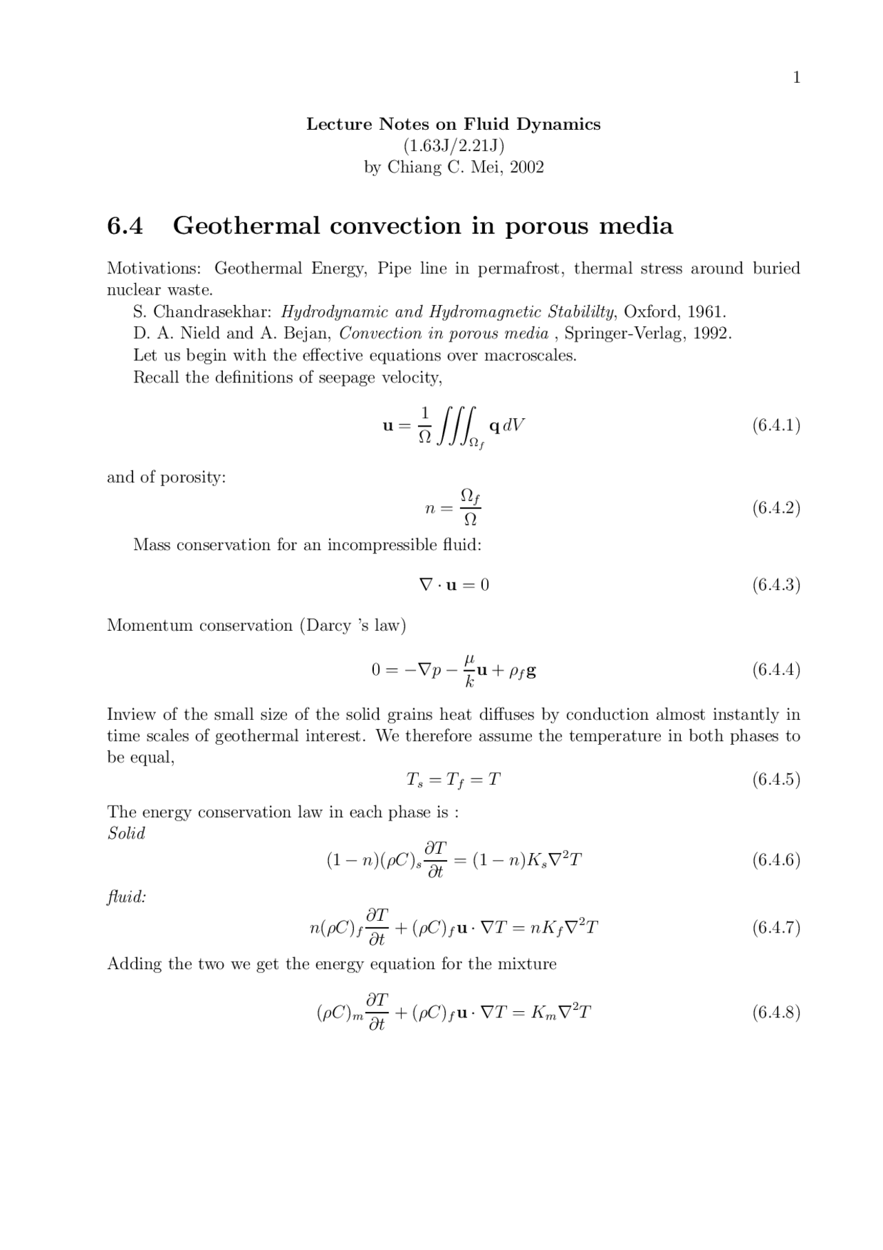 Geothermal Convection In Porous Media Lecture Notes Fluid Dynamics