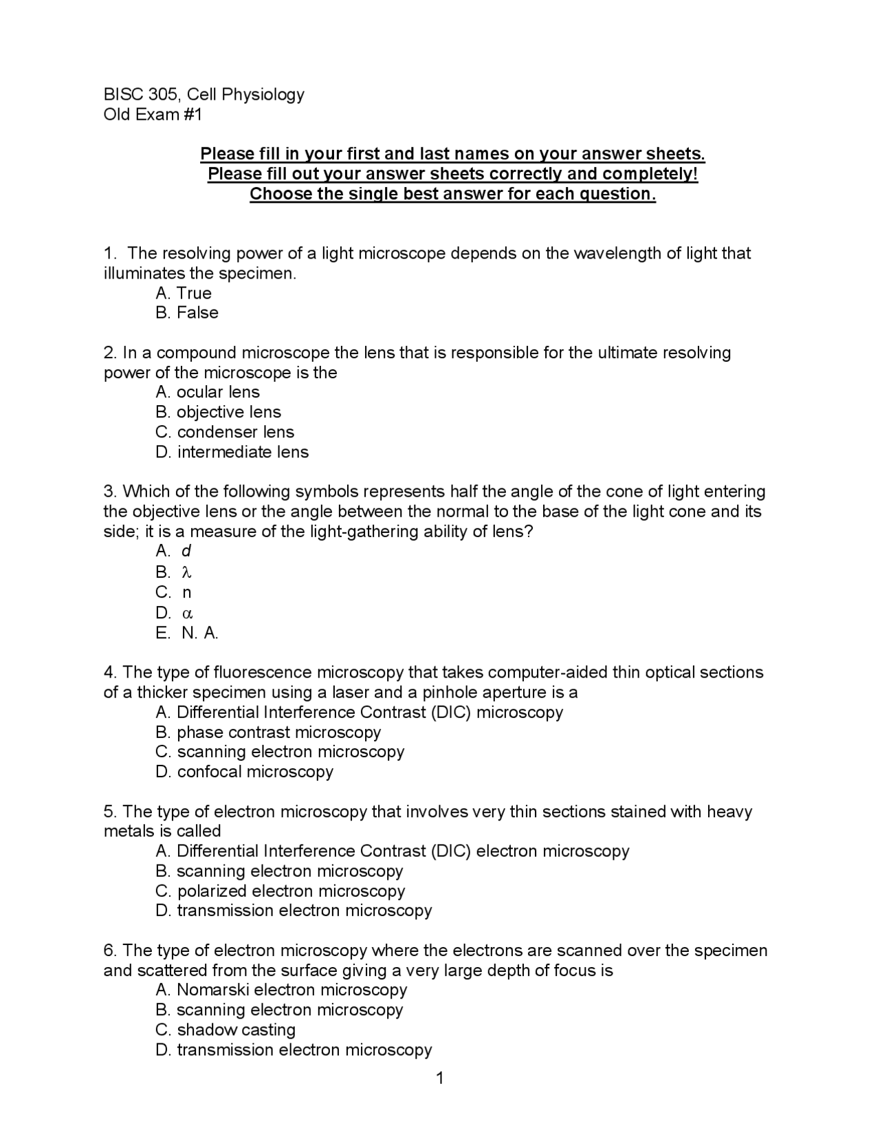 Practice Old Exam 1 - Cell Physiology | BISC 305 | Exams Microbial ...
