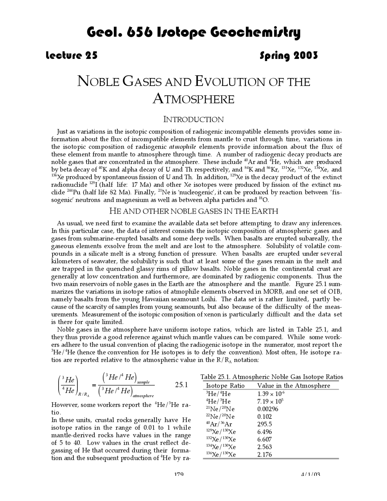 Noble Gases And Evolution Of Atmosphere Lecture Notes Geochemistry