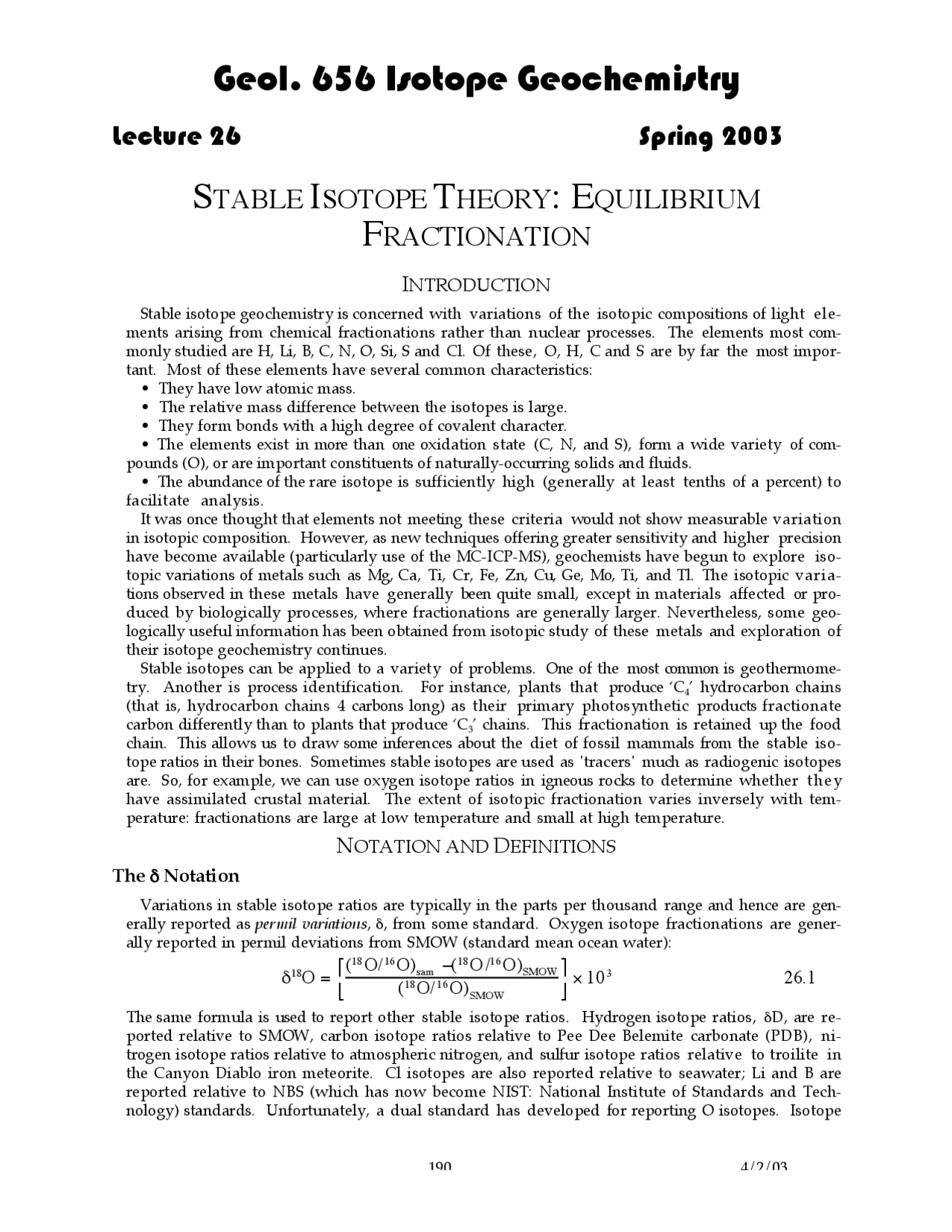 Stable Isotope Theory Equilibrium Fractionation, Lecture Notes ...